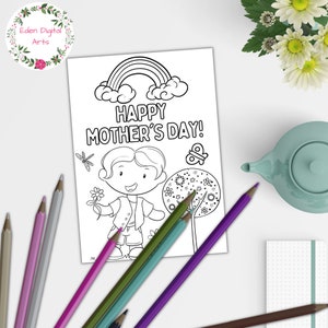 Cute Mother's Day Coloring Cards for Kids, Kawaii Color Your Own DIY ...