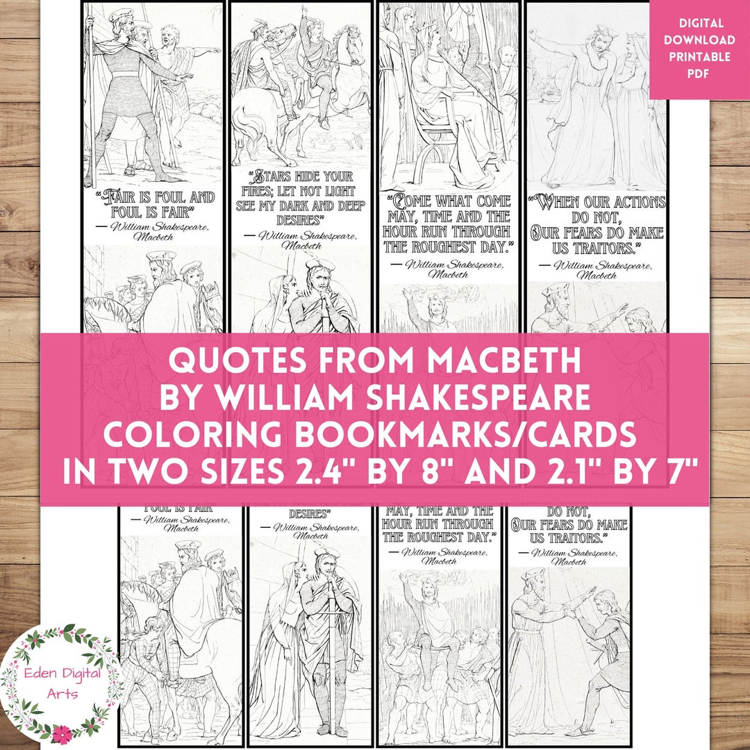 Macbeth Shakespeare Quotes Coloring Bookmarks, Literary DIY Gift Tag or ...