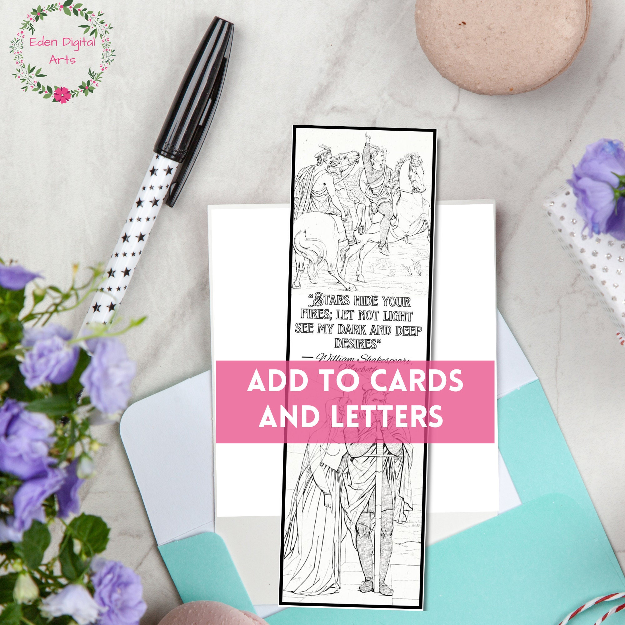 Macbeth Shakespeare Quotes Coloring Bookmarks, Literary DIY Gift Tag or ...