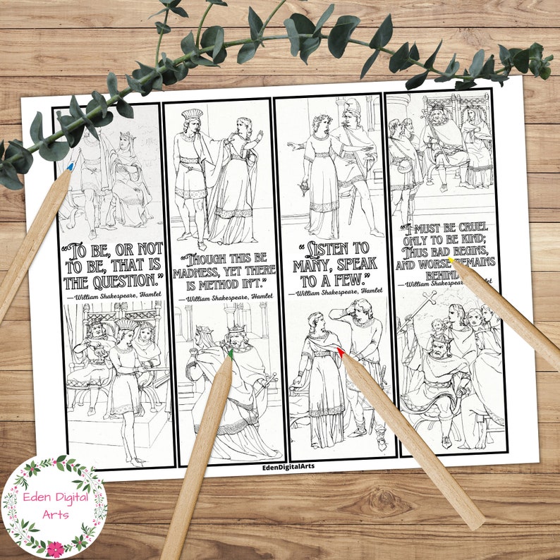 Hamlet Shakespeare Quotes Coloring Bookmarks, Literary DIY Card, Book ...
