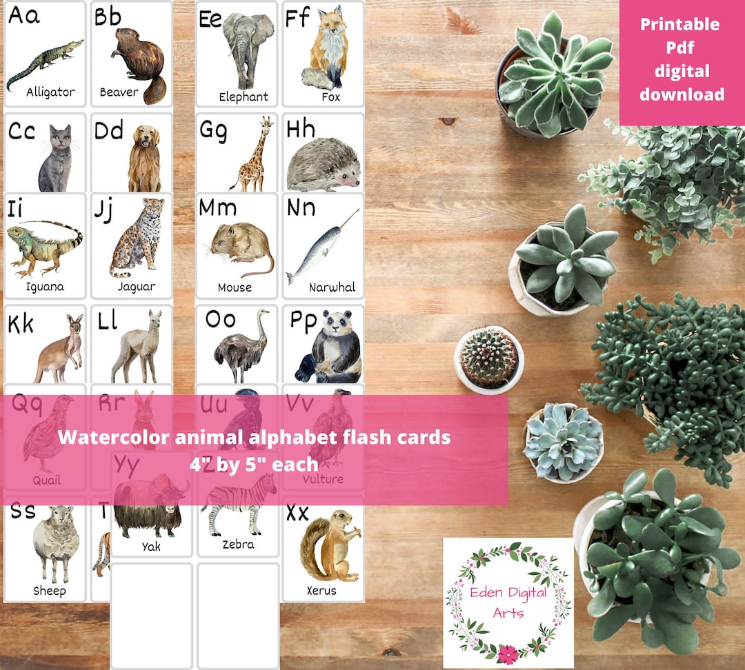 Watercolor Animal Alphabet Flashcards, Montessori Educational Printable ...