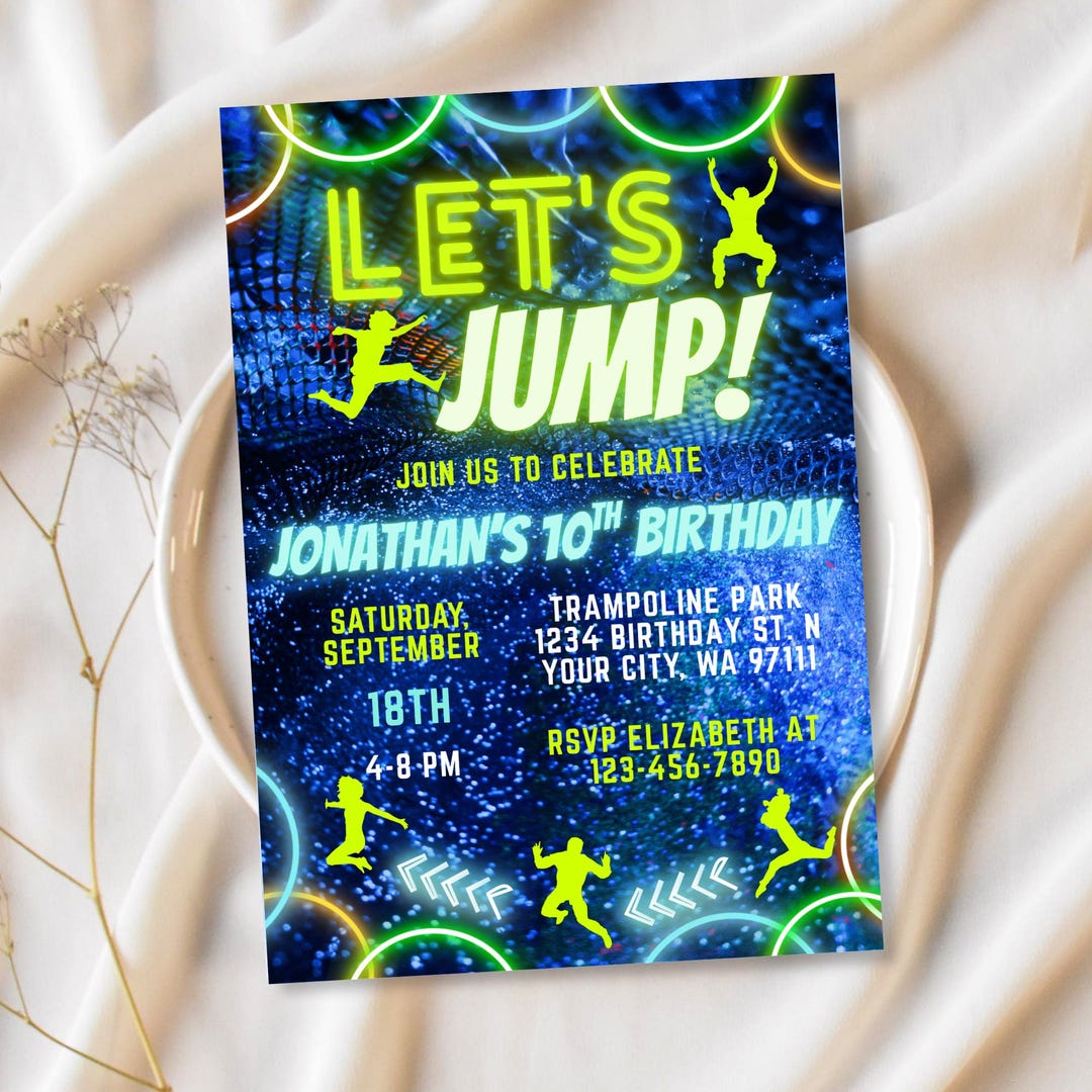 Editable Trampoline Birthday Invitation for Boys Neon Glow Jump Party ...