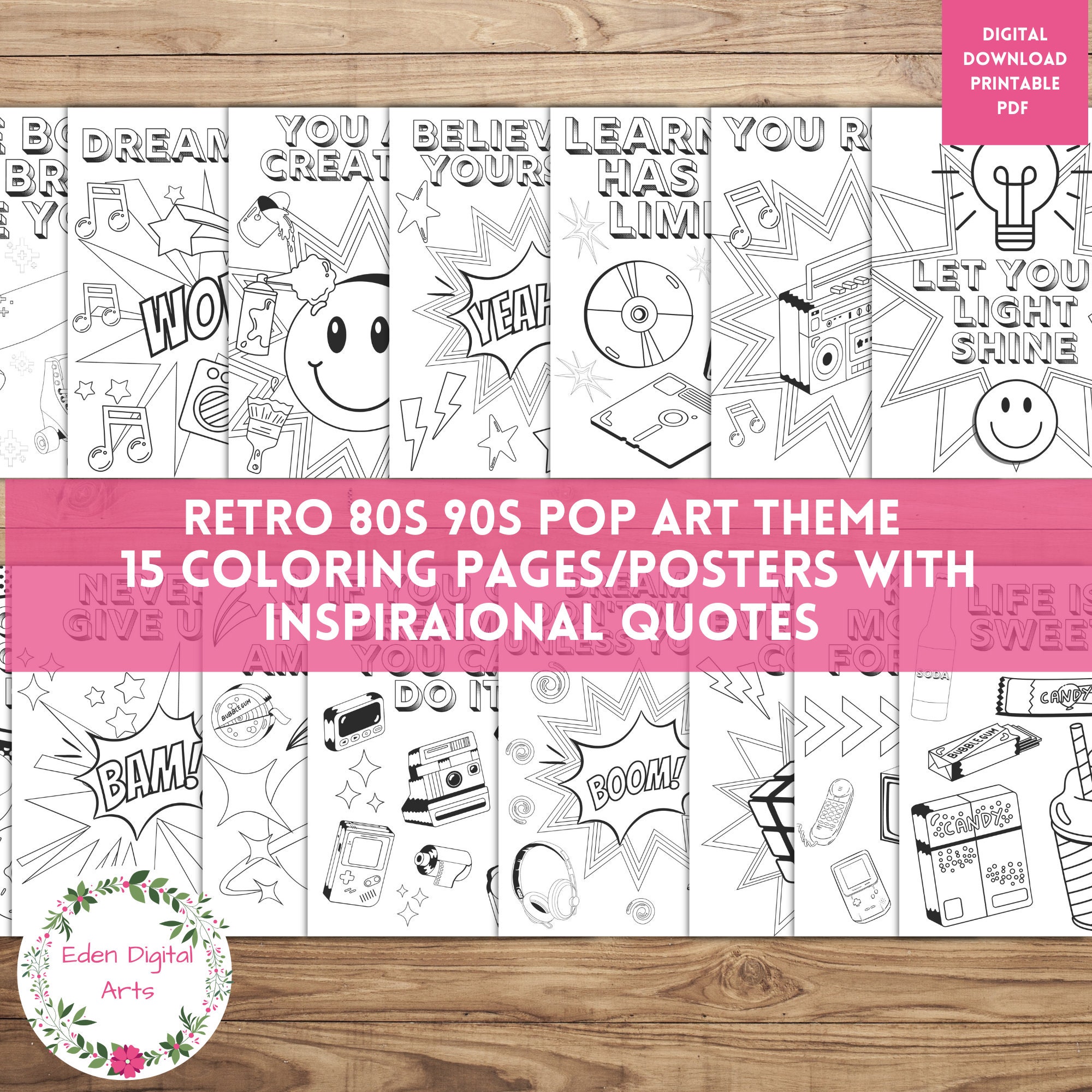 Retro Pop Art Coloring Pages 80s 90s Comic Symbols - Etsy