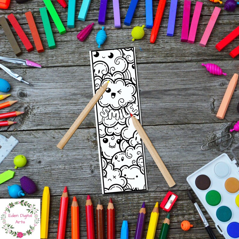 Cute Happy Kawaii Clouds Coloring Bookmarks Classroom Party Craft ...