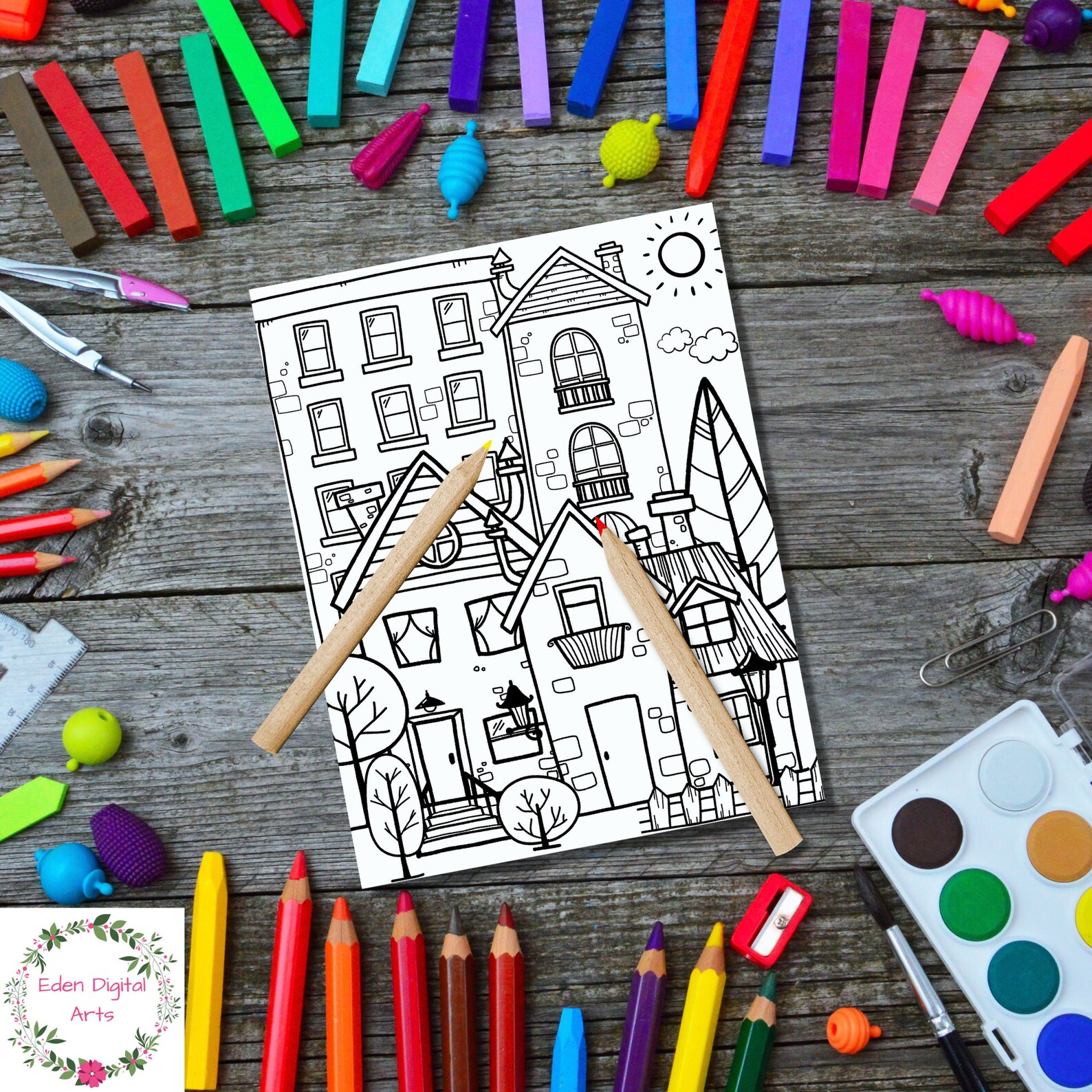 Cozy Town Homes 3 Coloring Pages Real Estate Kids Activity | Etsy