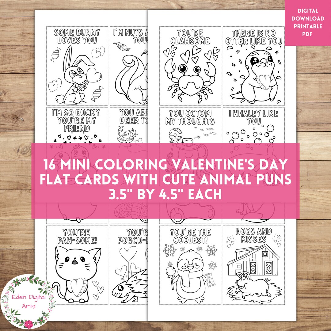Cute Animal Puns DIY Mini Coloring Valentines Cards for Kids, Random ...