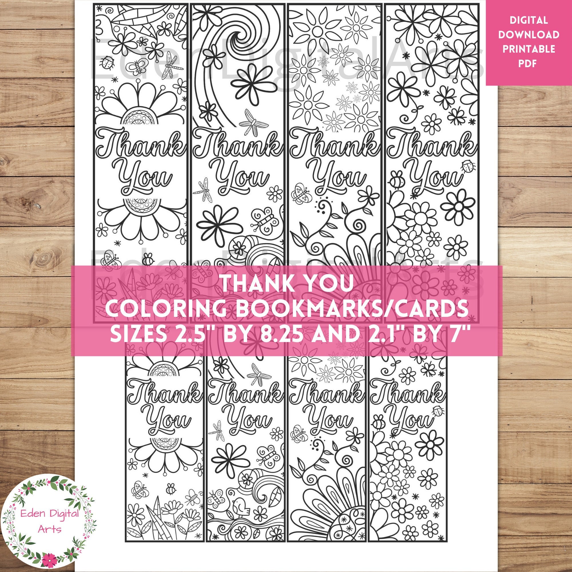 Thank You Coloring Bookmarks With Flowers Whimsical Floral - Etsy