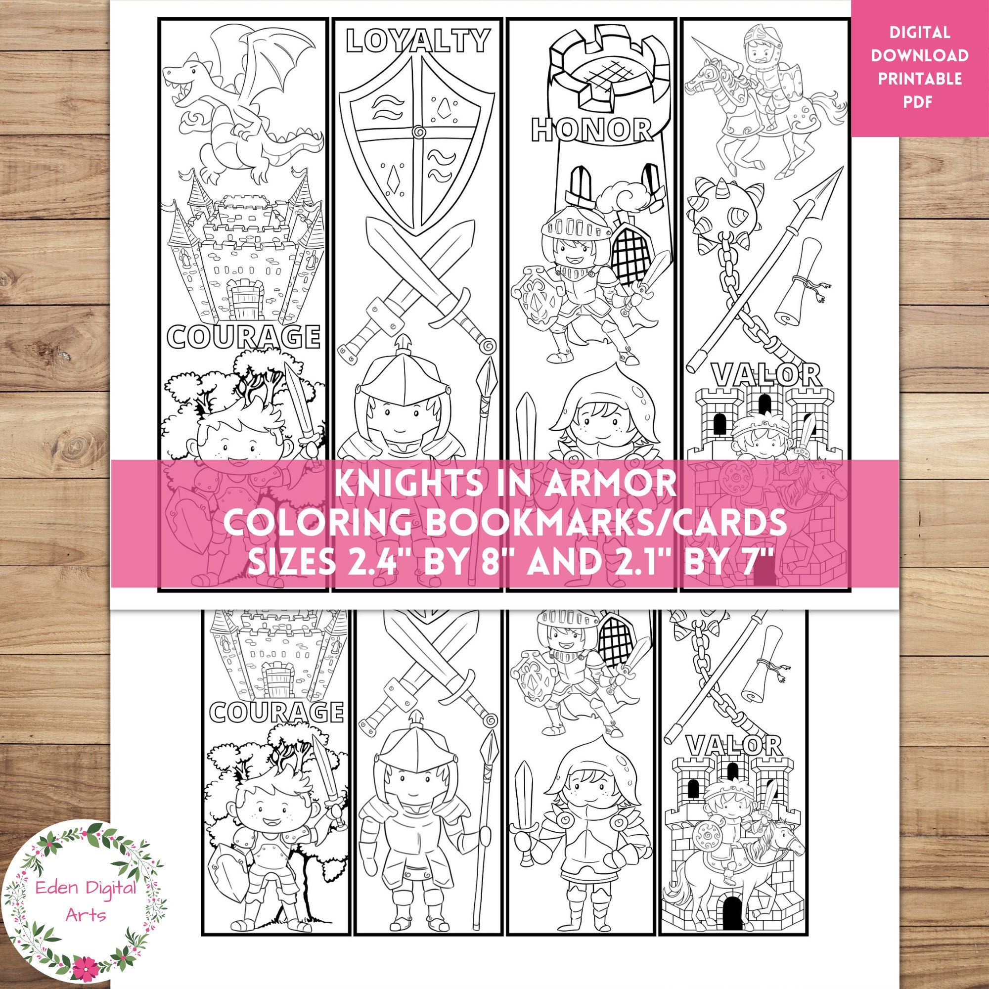 Knights in Armor Coloring Bookmarks for Kids, Cute Dragon Castle Boys ...
