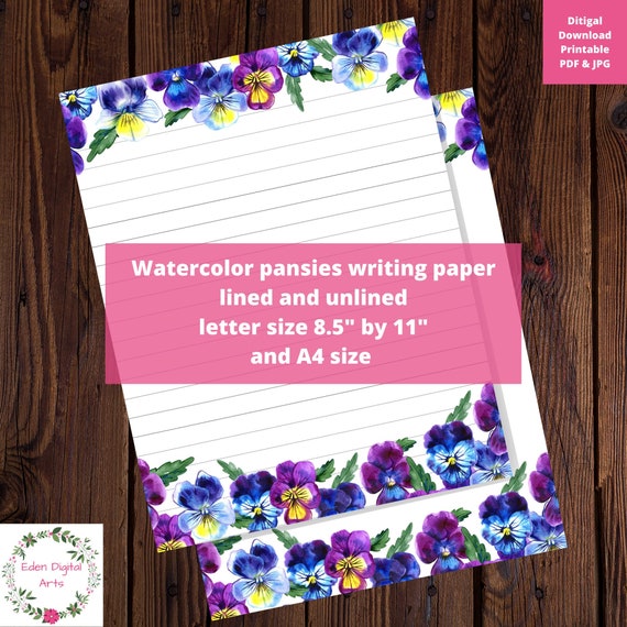 Pansy Flowers Writing Paper Printable Stationery Lined and - Etsy