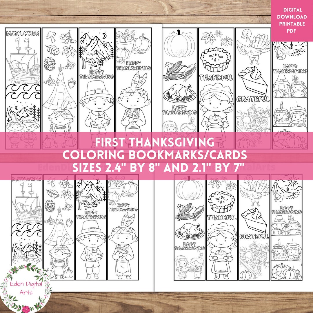 First Thanksgiving Coloring Bookmarks, Cute Native Americans & Pilgrims ...