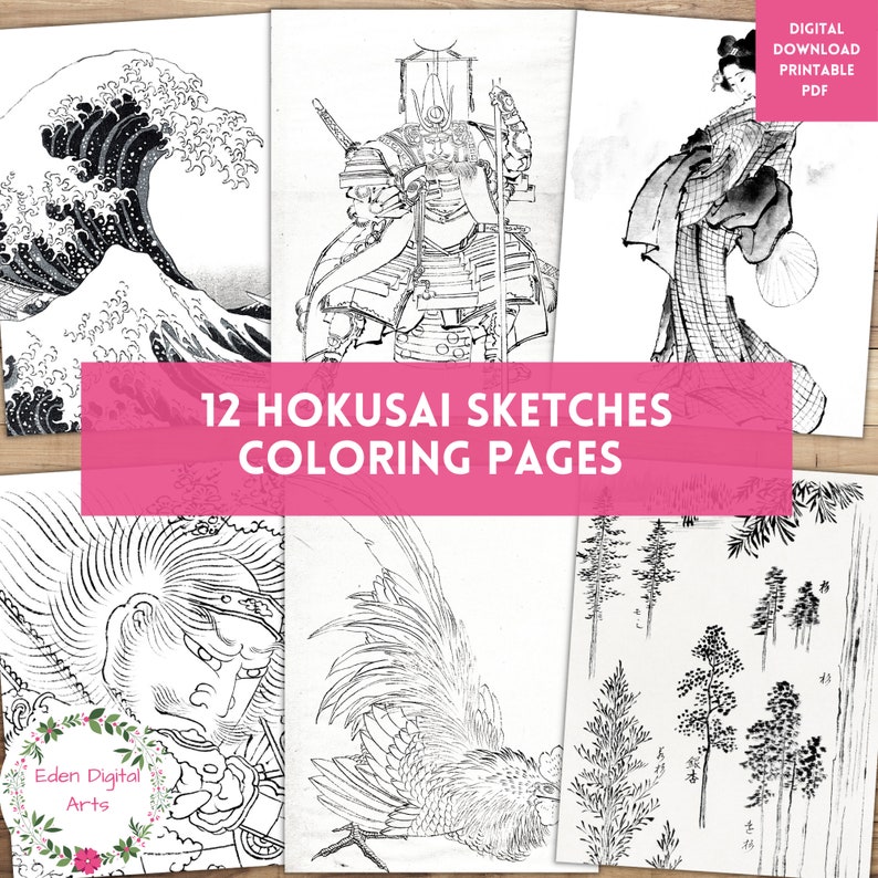 Hokusai Sketches 12 Coloring Pages Japanese Artist Study Art - Etsy