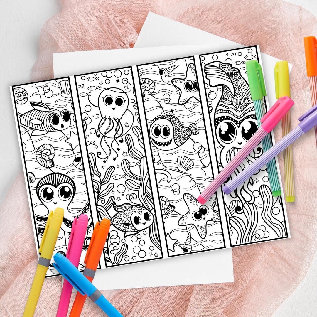 Cute Sea Creatures Kawaii Fish Coloring Bookmarks for Kids Doodle Ocean ...