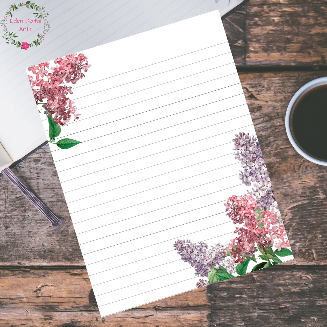 Lilac Flowers Writing Paper Printable Stationary Lined Blank | Etsy
