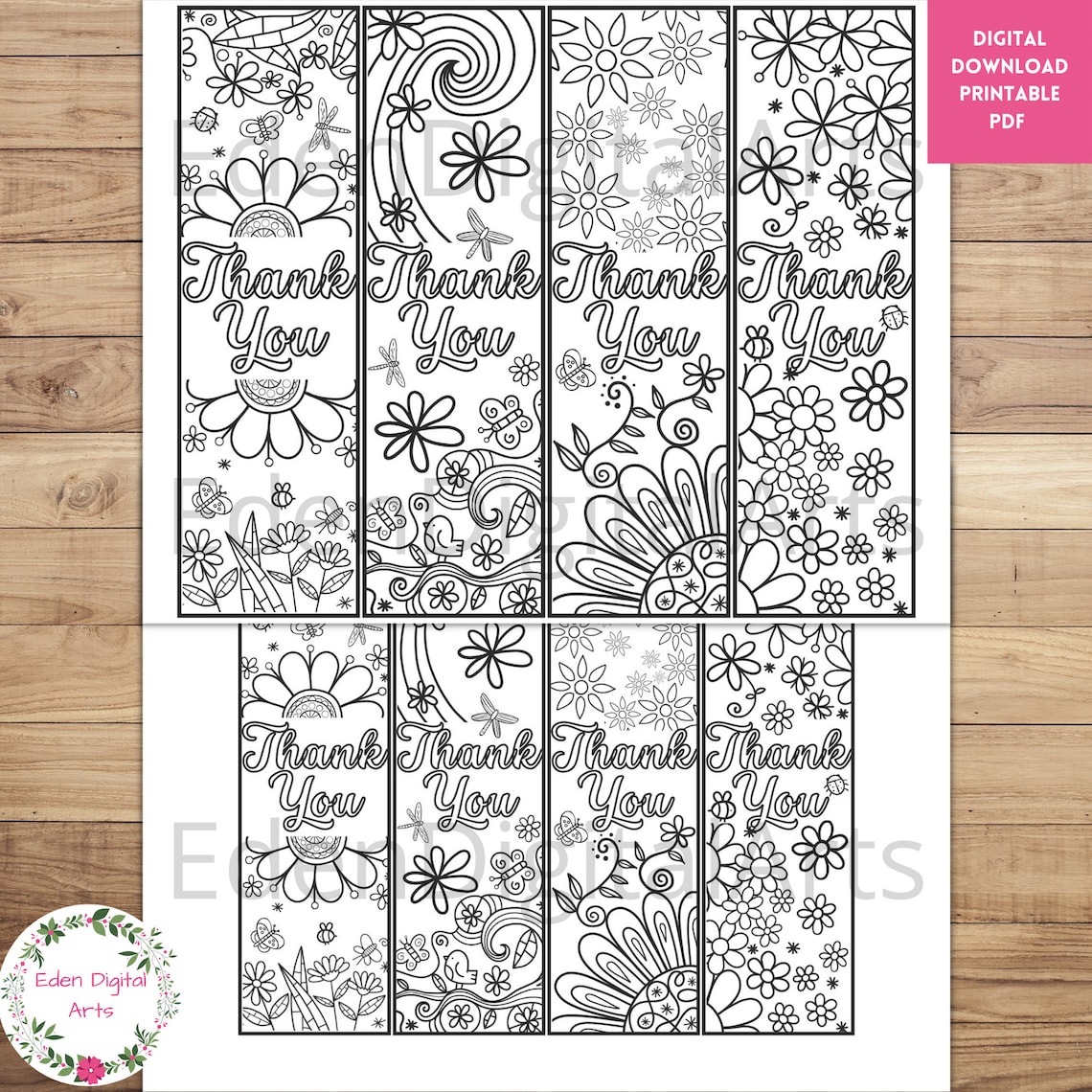 Thank You Coloring Bookmarks With Flowers Whimsical Floral - Etsy