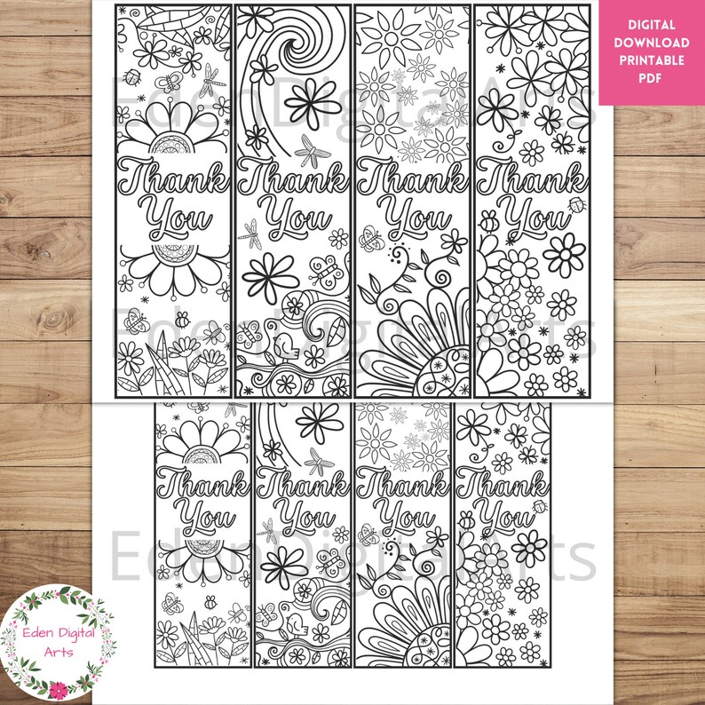 Thank You Coloring Bookmarks With Flowers Whimsical Floral - Etsy