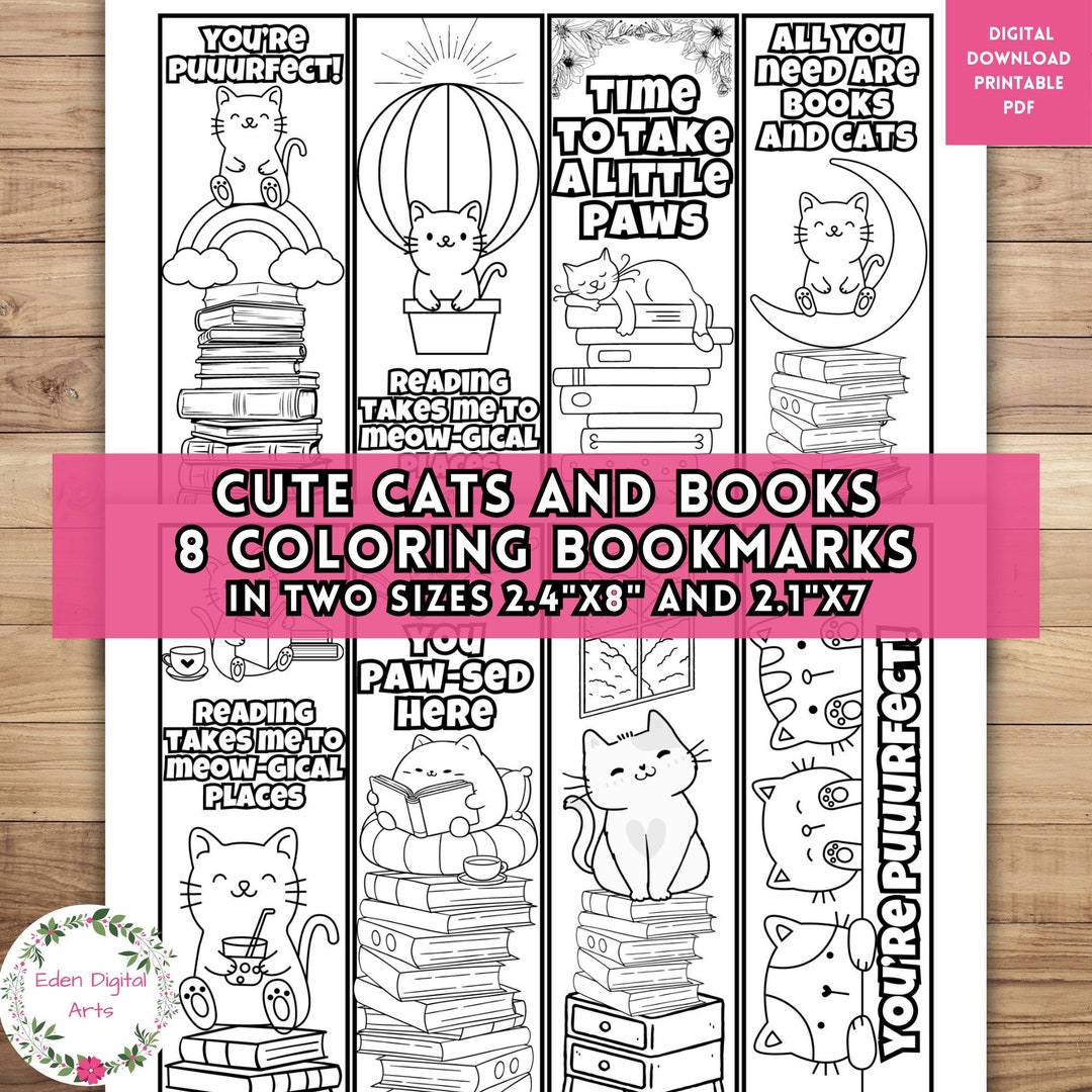 Cute Cat Coloring Bookmarks for Book Lovers Funny Puns Reading Cats ...