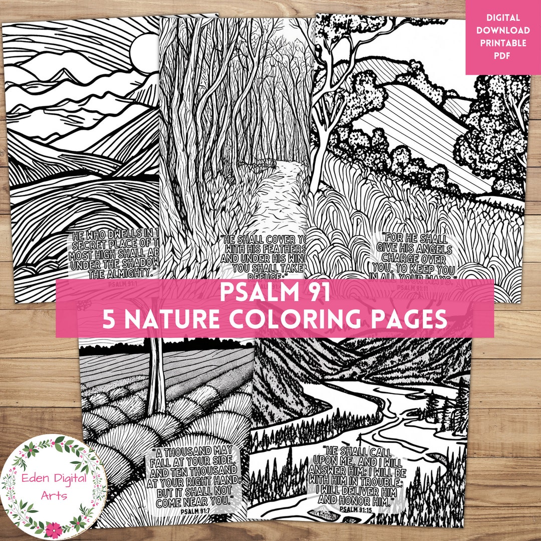 Psalm 91 Bible Verses Doodle Coloring Pages With Nature, Forest Trees ...