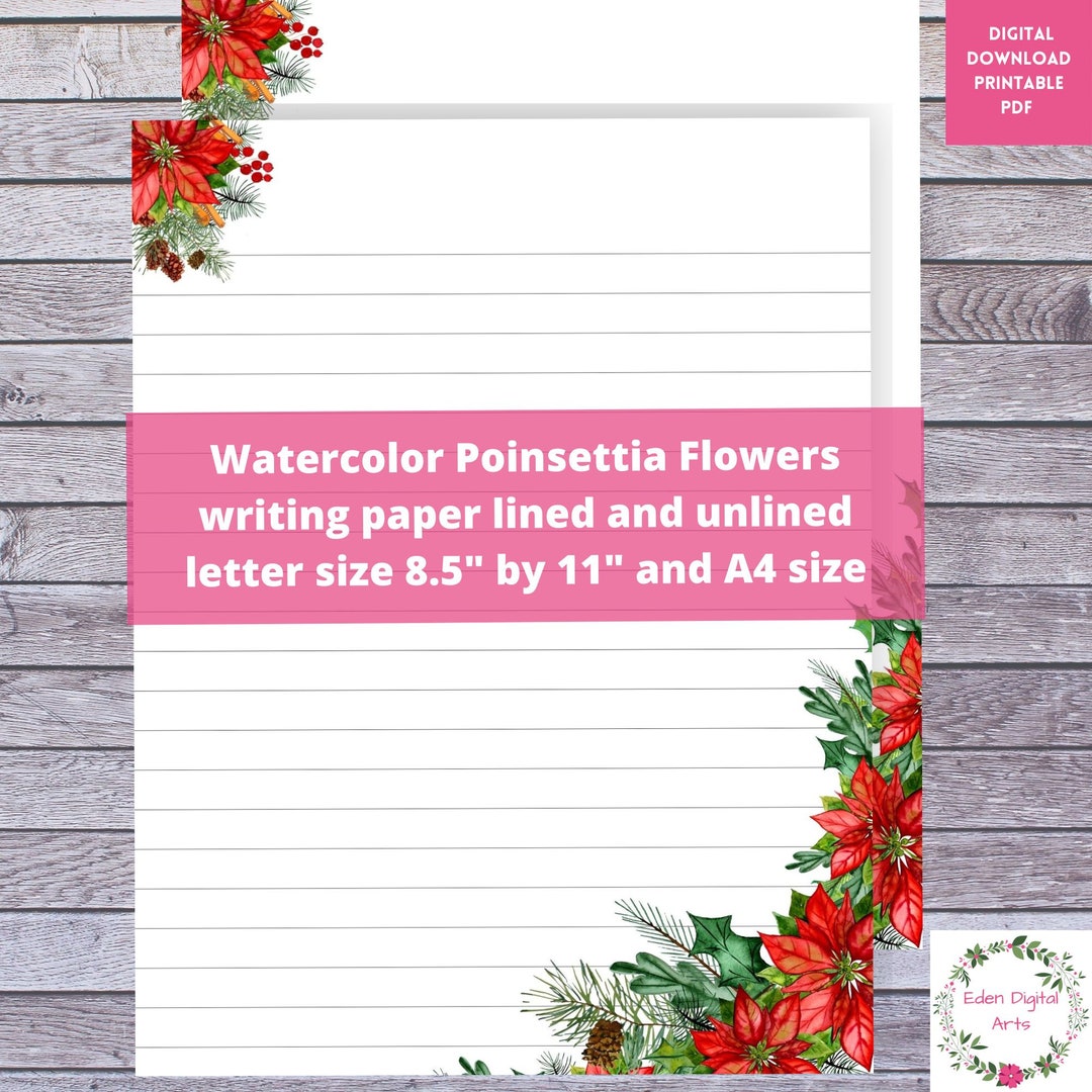 Christmas Stationery Lined and Blank Red Poinsettia Flowers Writing ...