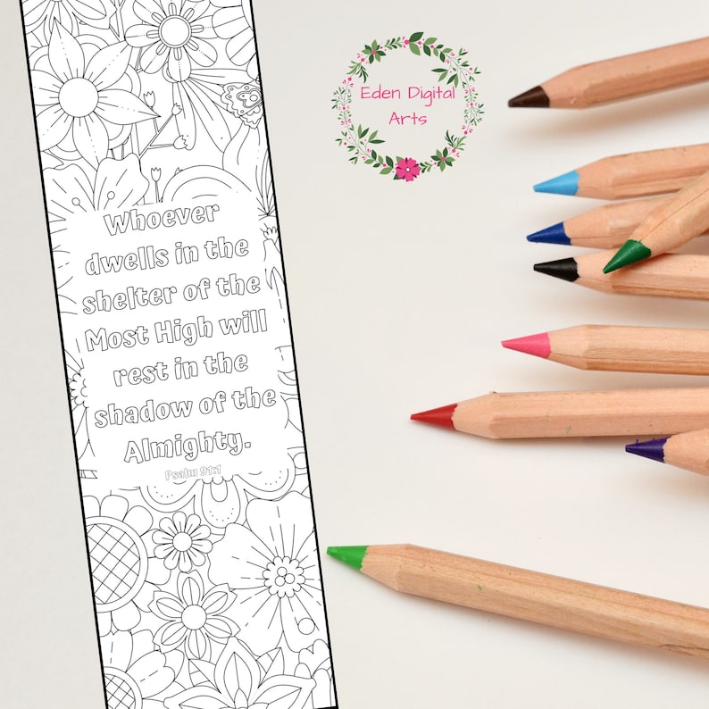 Psalm 91 Coloring Bible Verse Bookmarks Printable Floral Scripture ...