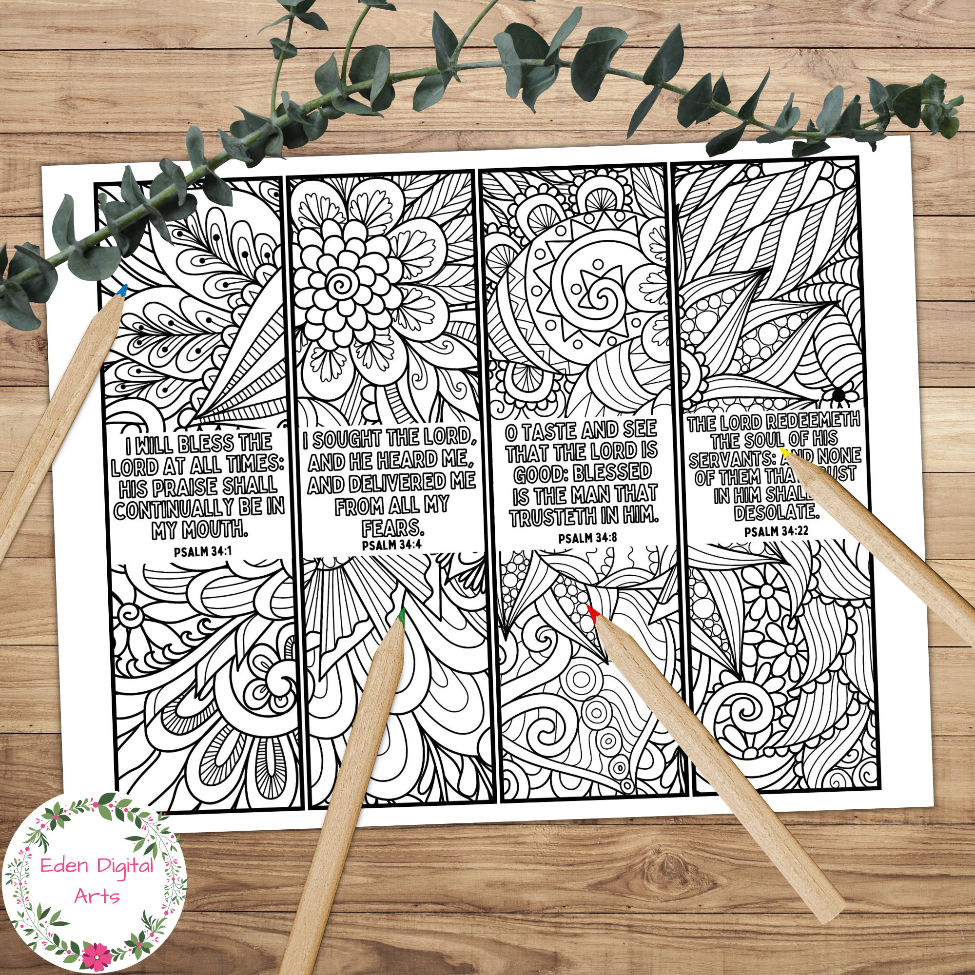 Psalm 34 Coloring Bible Verse Bookmarks KJV Scripture Doodle Colouring ...