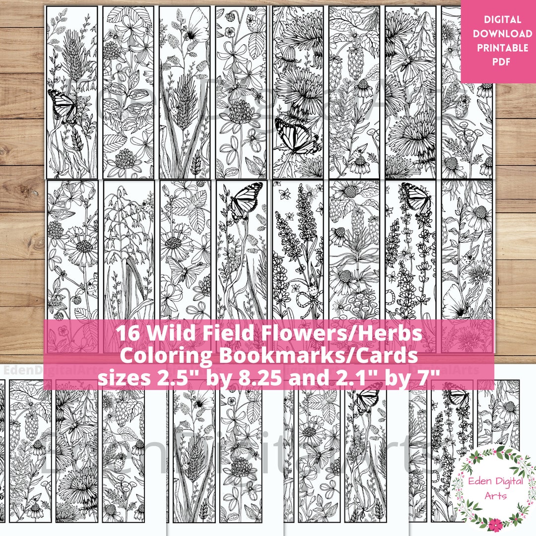 Field Wild Flowers Herbs Coloring Bookmarks or Cards, Relaxing ...