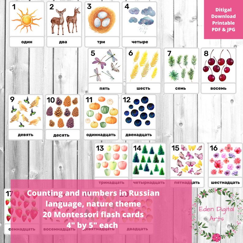 Russian Language Numbers Counting Nature Flash Cards Cyrillic | Etsy