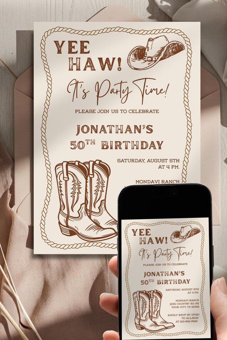 Western Cowboy Birthday Party Invitation Template Editable Country ...