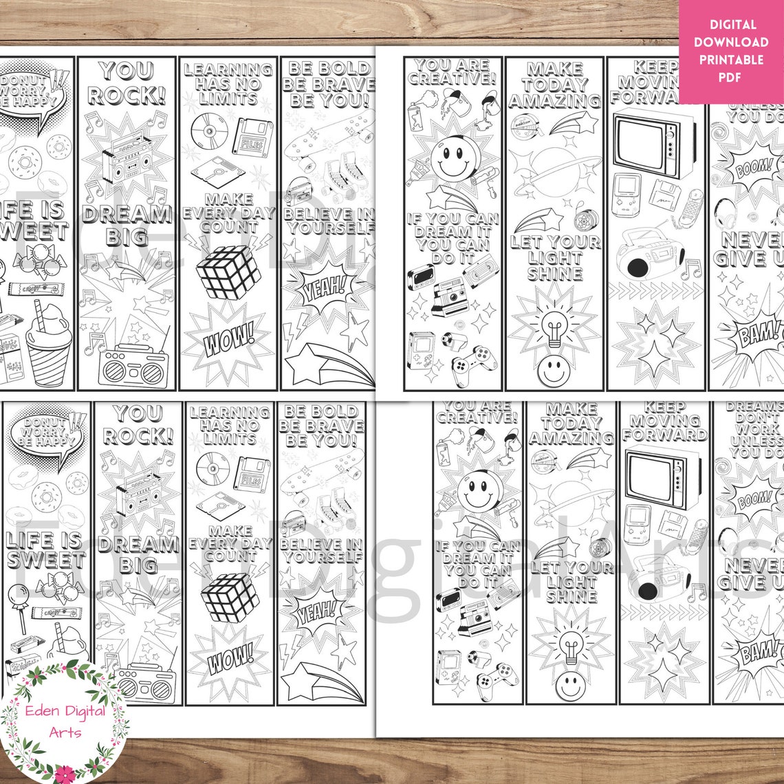Retro 80s 90s Coloring Bookmarks Comics Pop Art Party Favors Classroom ...