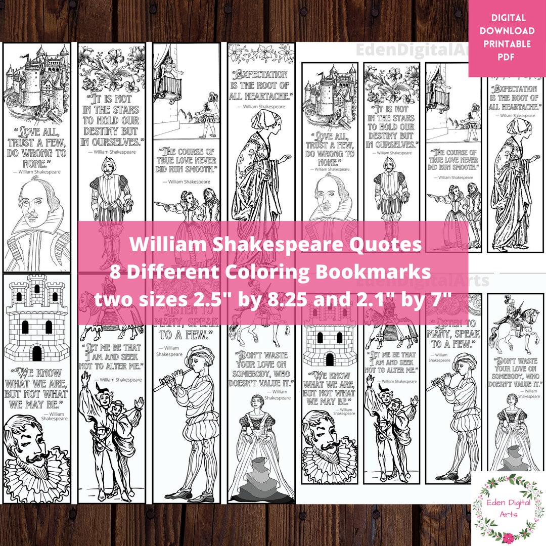 Shakespeare Quotes 8 Coloring Bookmarks, Literary DIY Gift Tag, Novel ...