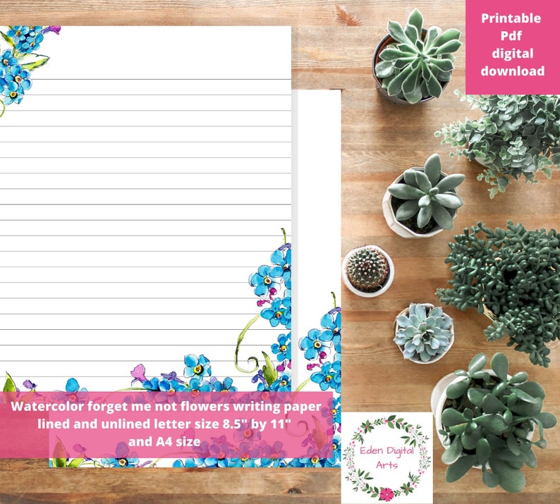 Forget Me Not Writing Paper Printable Stationery Lined and - Etsy