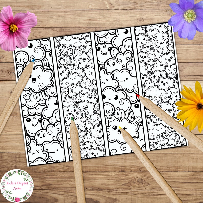 Cute Happy Kawaii Clouds Coloring Bookmarks Classroom Party Craft ...