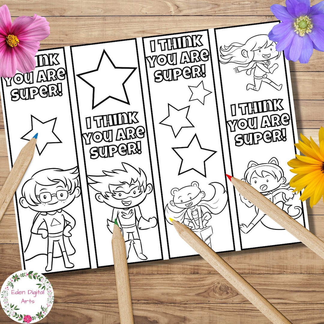 Superhero Coloring Bookmarks Party Favor Cute Kawaii Kindness DIY Cards ...