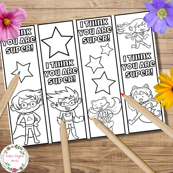 Superhero Coloring Bookmarks Cute Kawaii Kindness Cards You - Etsy
