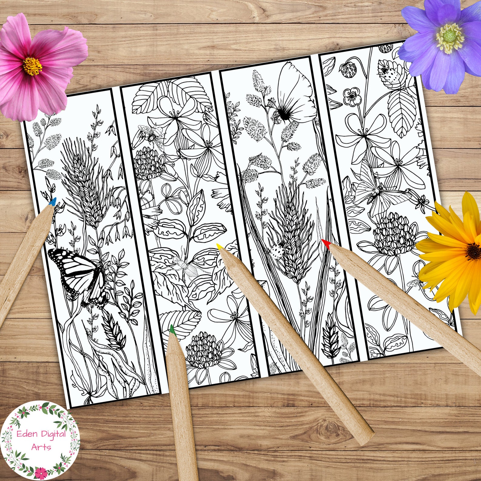 Field Wild Flowers Herbs Coloring Bookmarks or Cards Relaxing | Etsy