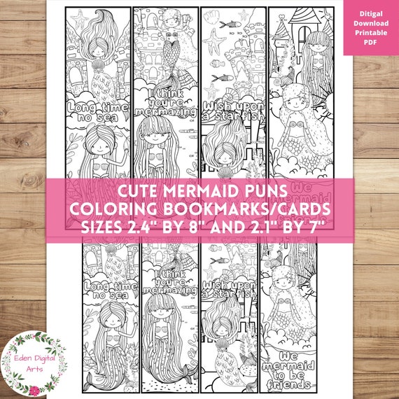 Cute Mermaid Puns Coloring Bookmarks for Kids Sea Ocean | Etsy