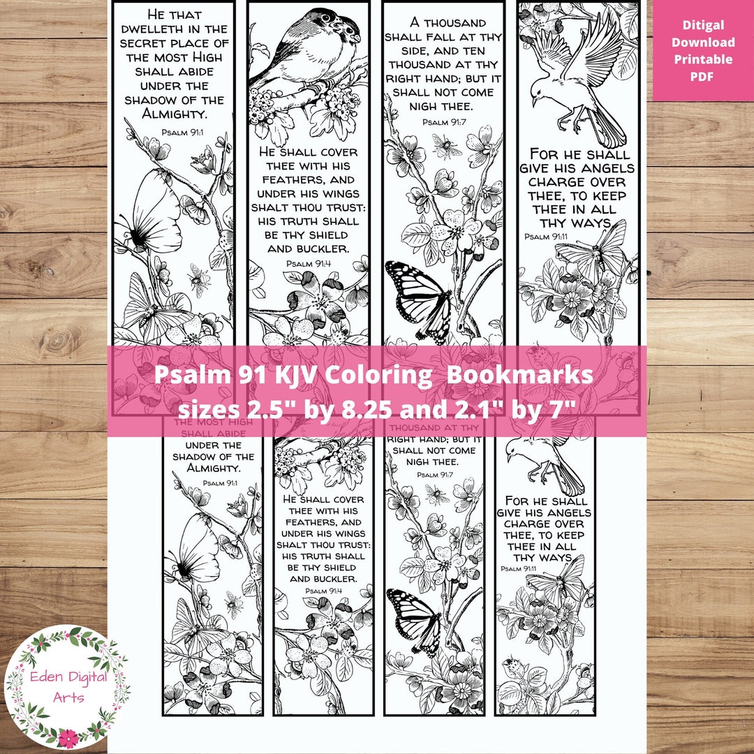 Psalm 91 KJV Bible Verse Coloring Bookmarks, Birds Floral Scripture ...
