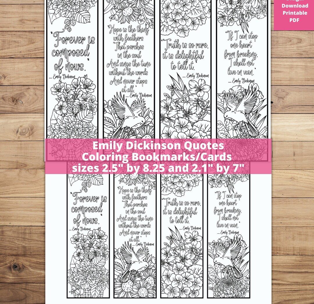 Emily Dickinson Quotes Coloring Bookmarks, Literary DIY Gift Tags Cards ...