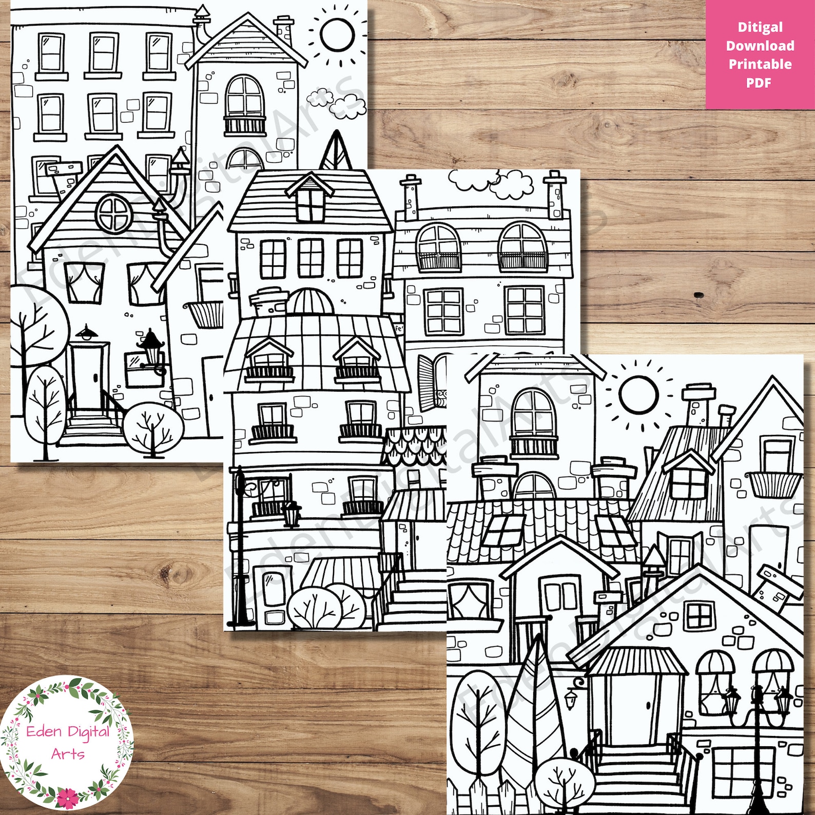 Cozy Town Homes 3 Coloring Pages Real Estate Kids Activity | Etsy