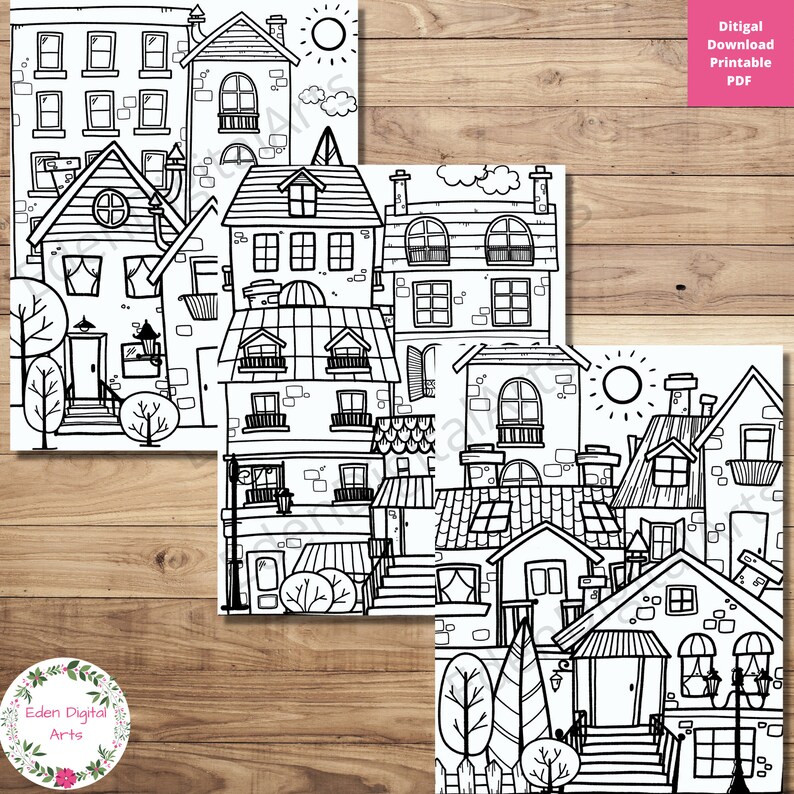 Cozy Town Homes 3 Coloring Pages Real Estate Kids Activity | Etsy