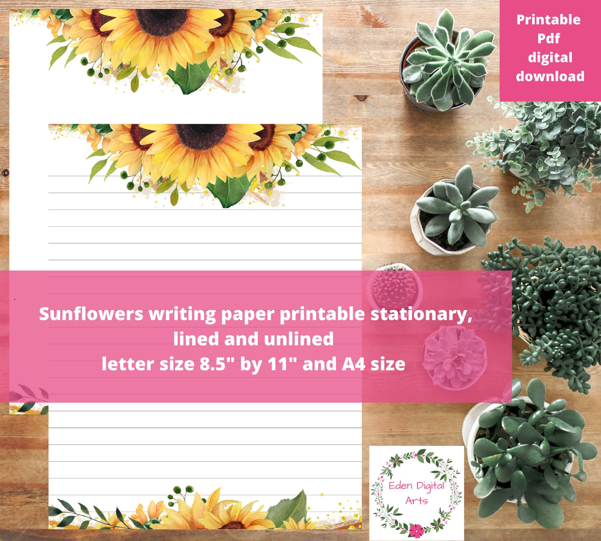 Sunflowers Writing Paper Printable Stationary Lined and Blank | Etsy