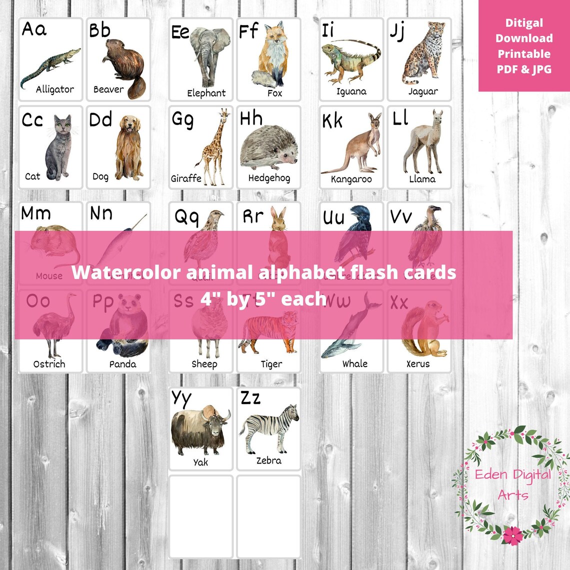 Watercolor Animal Alphabet Flashcards Montessori Educational - Etsy