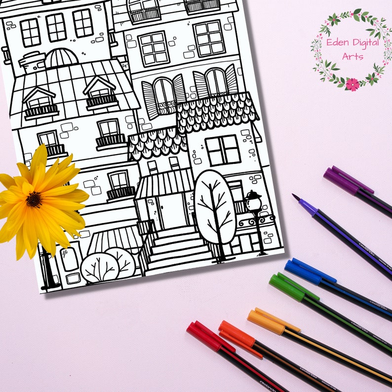 Cozy Town Homes 3 Coloring Pages Real Estate Kids Activity | Etsy
