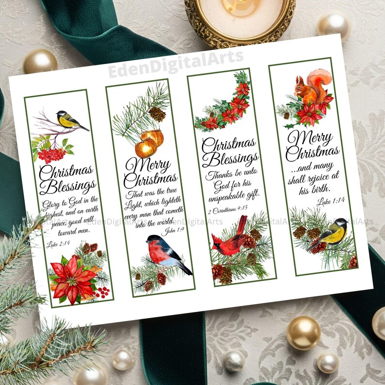 Christmas Bible Verse Bookmarks With Birds Printable Scripture Blessing ...