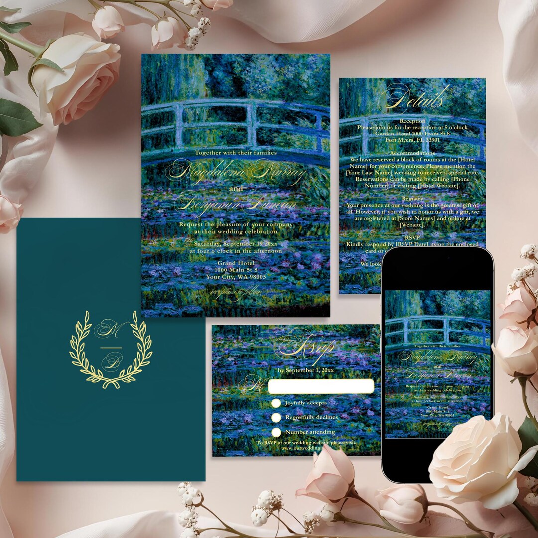 Dark Moody Fine Art Wedding Invitation Suite Monet Water Lilies Jewel ...