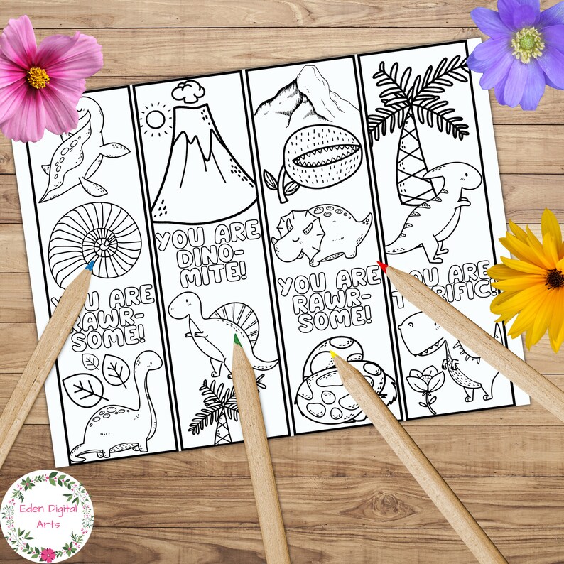 Cute Dinosaur Puns Coloring Bookmarks for Kids Party Favors Acts of ...