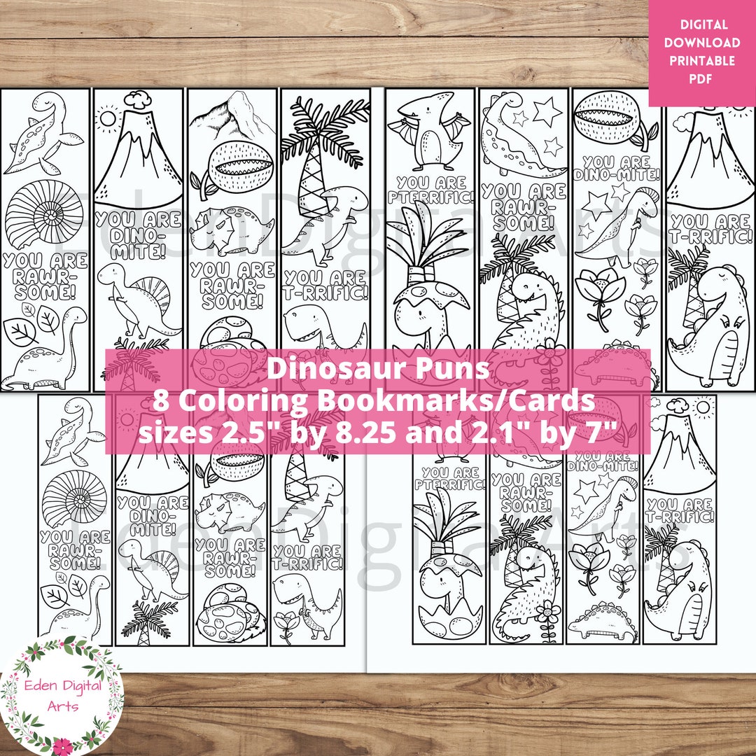 Cute Dinosaur Puns Coloring Bookmarks for Kids Party Favors Acts of ...