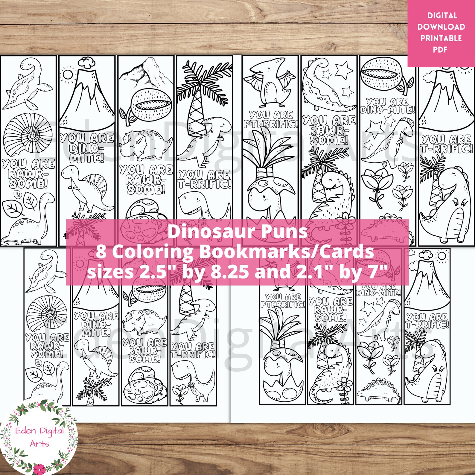 Cute Dinosaur Puns Coloring Bookmarks for Kids Party Favors Acts of ...