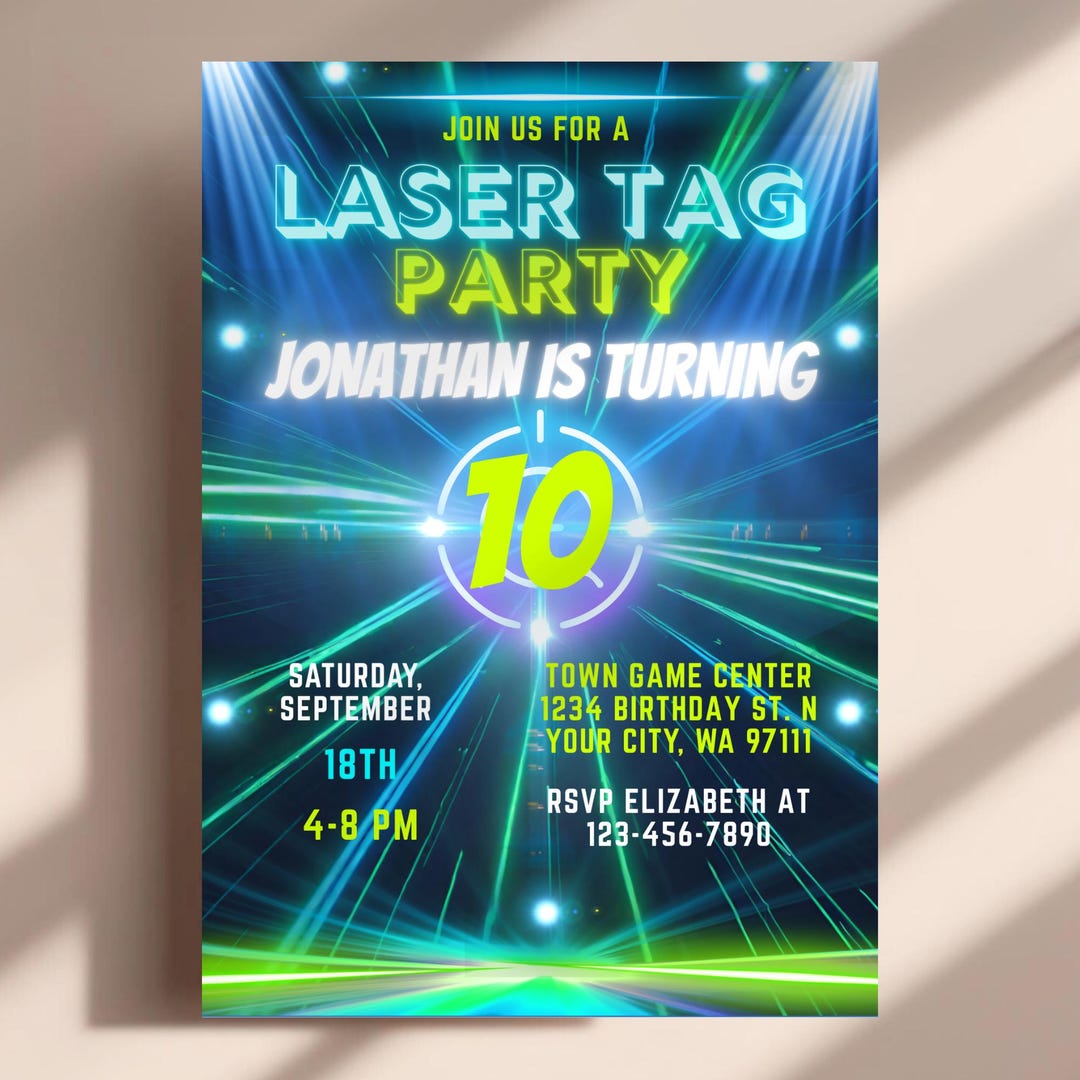 Laser Tag Birthday Party Invitation Template Neon Glow Boys Birthday ...