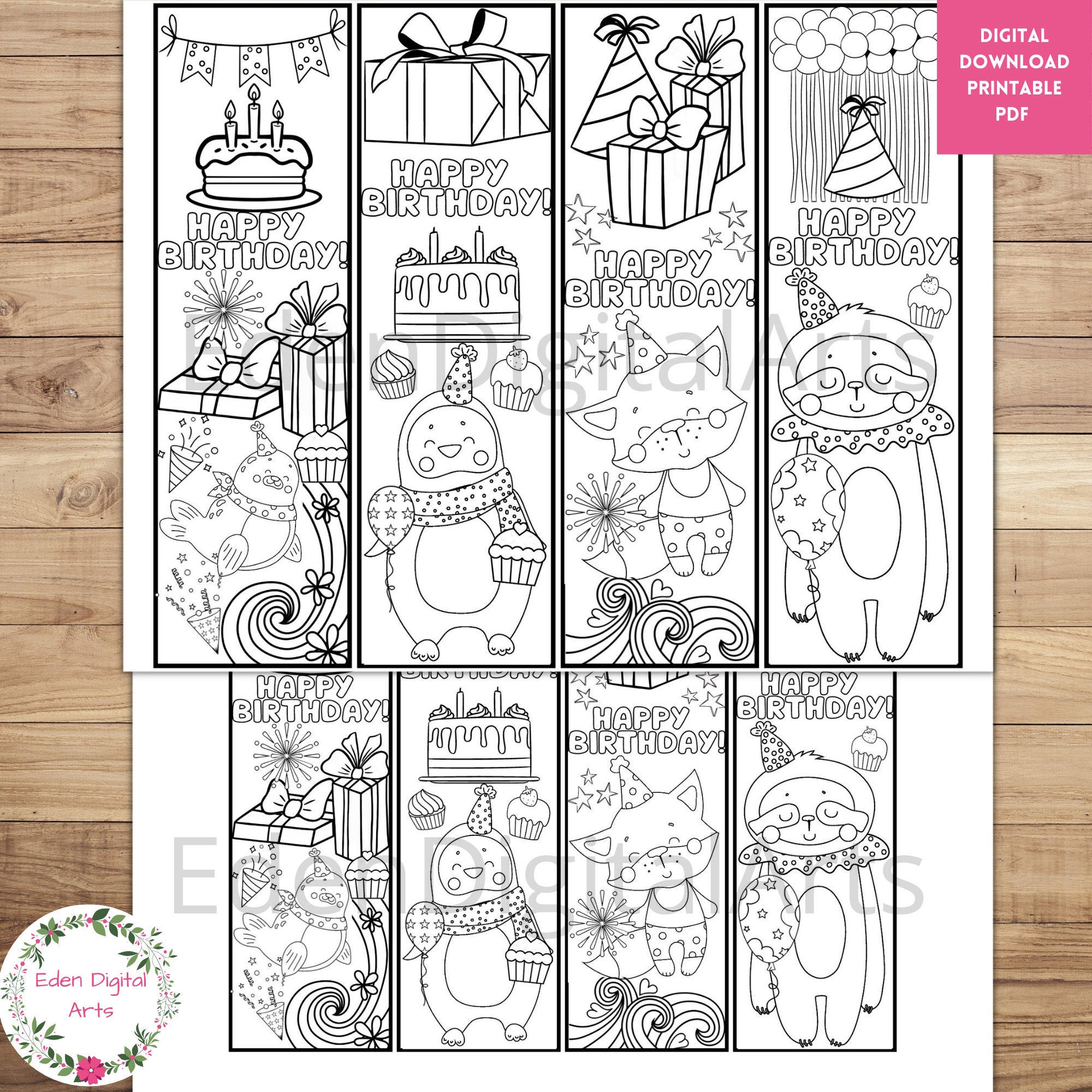 Happy Birthday Party Coloring Bookmarks for Kids Cute Animals - Etsy
