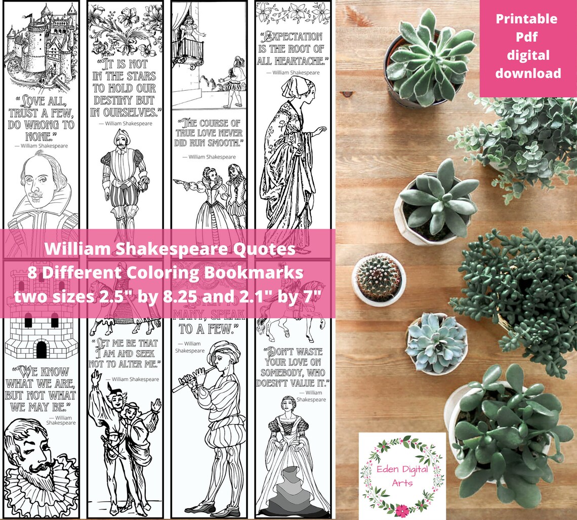 Shakespeare Quotes 8 Coloring Bookmarks, Literary DIY Gift Tag, Novel ...